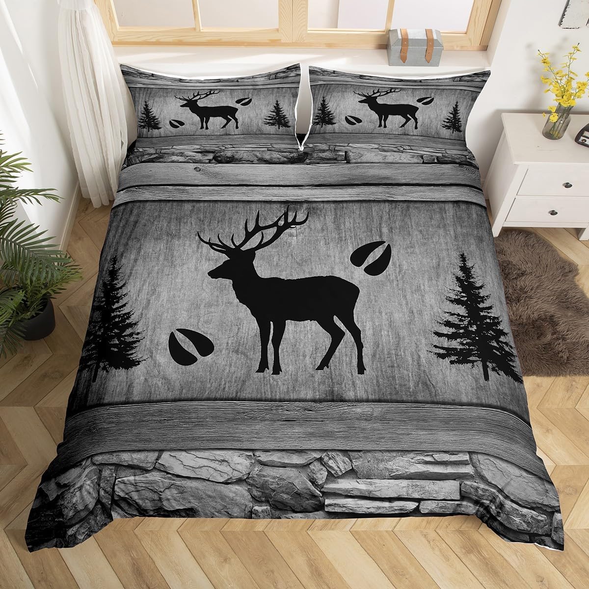 Rustic Deer Duvet Cover Set Queen Size, Black Trees Deer Paw Print ...