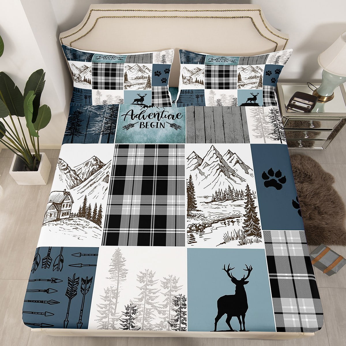 Rustic Deer Fitted Sheet Full,Patchwork Bed Sheets Checkered Buffalo ...