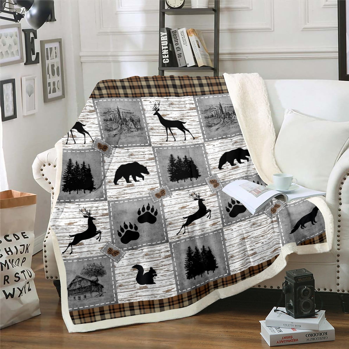 Rustic Deer Fleece Blanket Bear Wolf Patchwork Blanket 50"x60" for ...