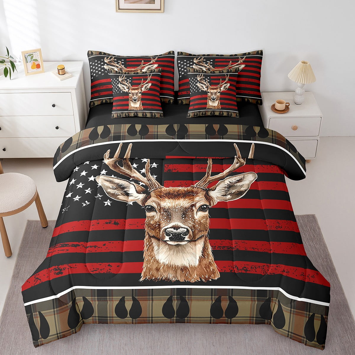 Rustic Deer Full Comforter Set 7 Piece Red Black American Flag Hunting ...
