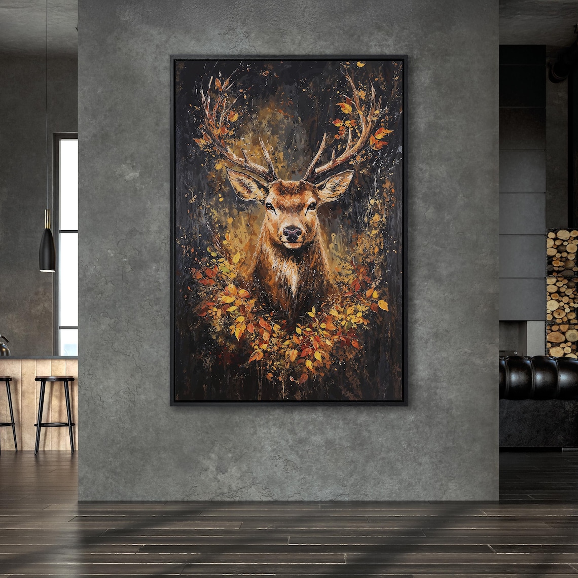 Rustic Deer Portrait, Autumn Leaves And Buck, Poster, Vertical Deer Art ...