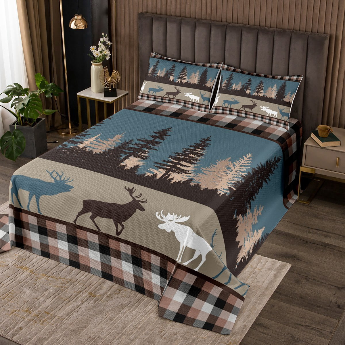 Rustic Deer Quilt Set Queen,Moose Patchwork Bedspread Set Teens Adult ...
