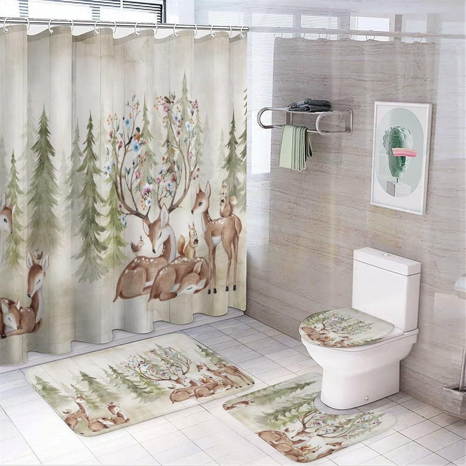 Rustic Deer Shower Curtain set 4 Pcs,Farmhouse Country Patchwork ...