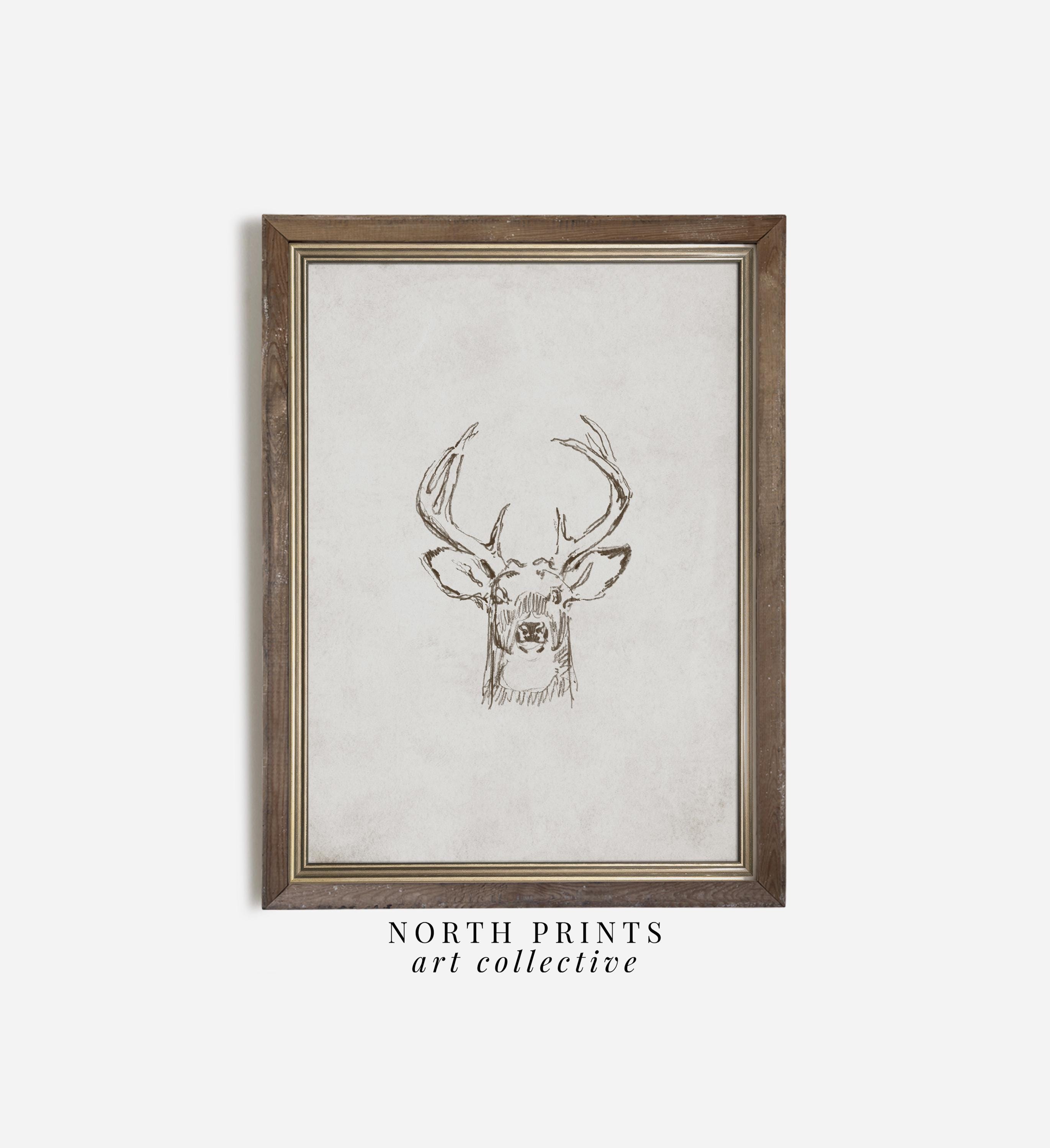 Rustic Deer Sketch Print: Vintage Woodland Wall Art (Printable ) Sk1-81 ...