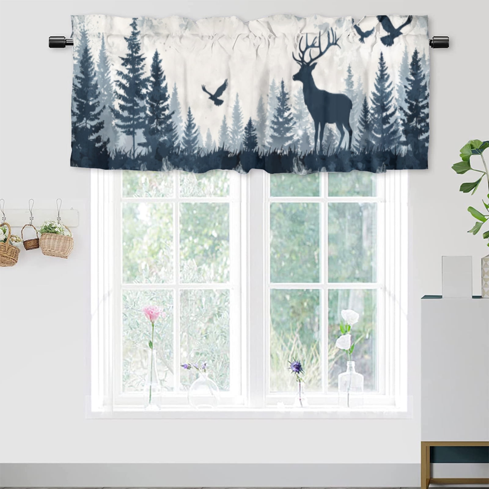 Rustic Deer Thermal Insulated Window Curtain Valance Forest Tree Eagle ...