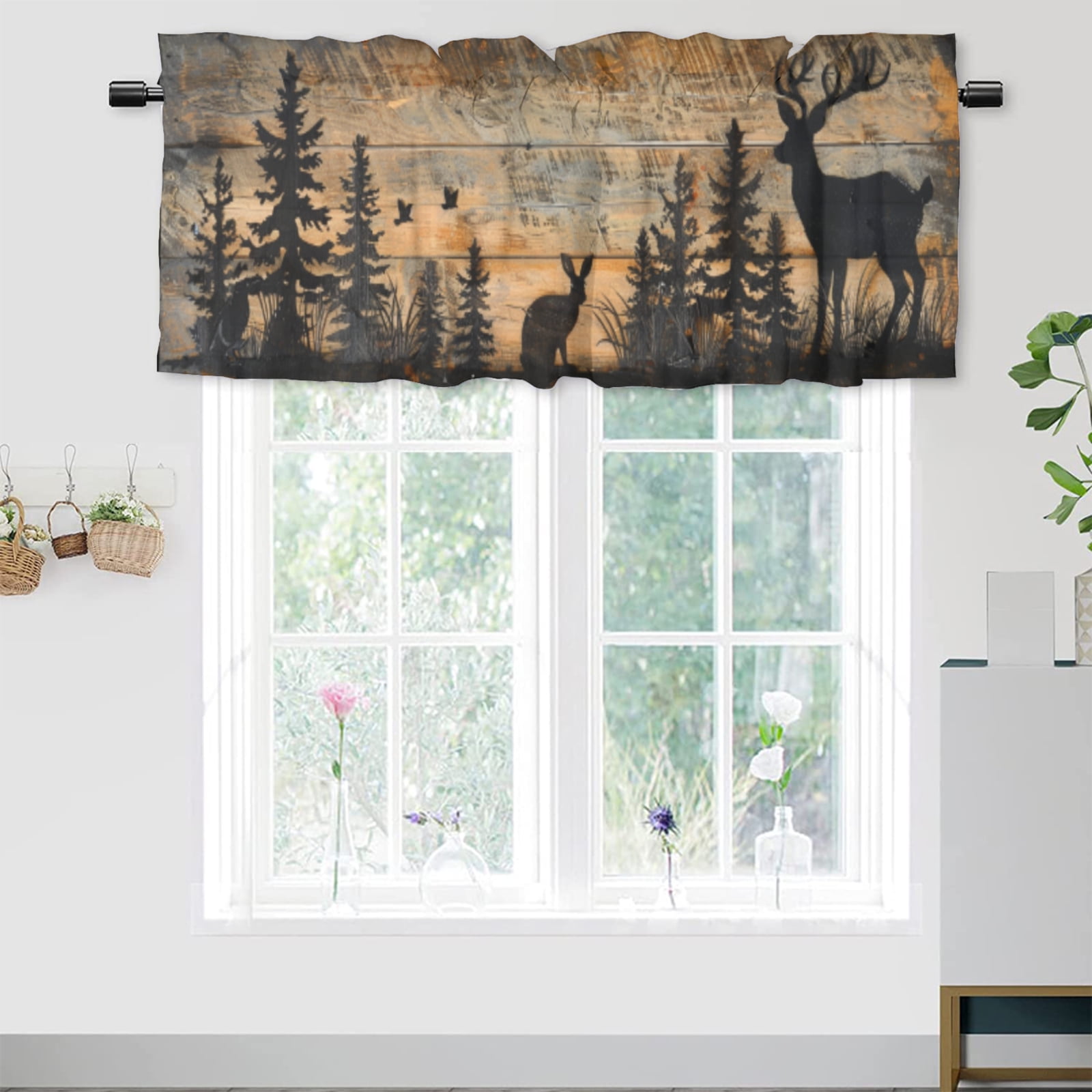 Rustic Deer Window Curtains Valances Forest Tree Retro Barn Door ...