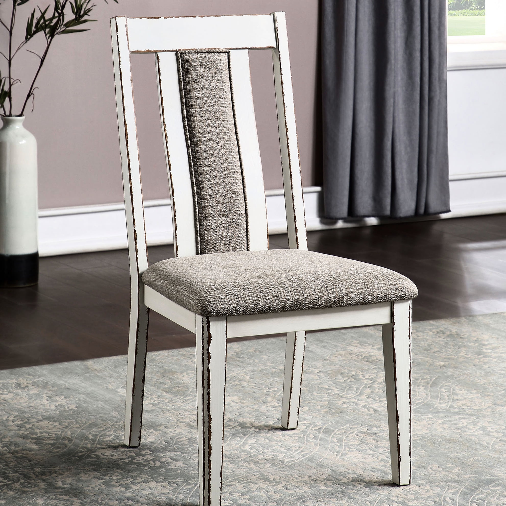 Rustic Dining Chairs Of 2, Weathered White/warm Gray Fabric, Solid Wood ...