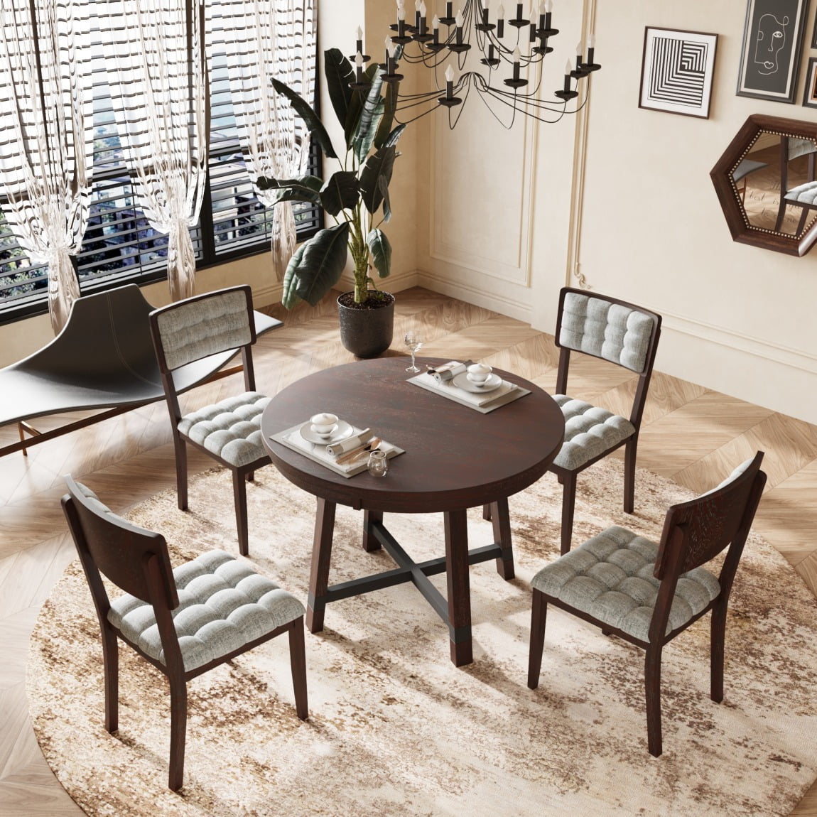 Rustic Dining Table Set for 4, 42" Round Dining Table with Cross Legs ...