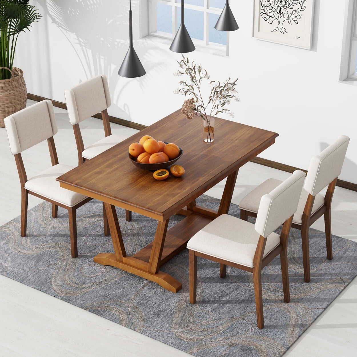 Rustic Dining Table Set for 4, 59-inch Rectangular Table with Trestle ...