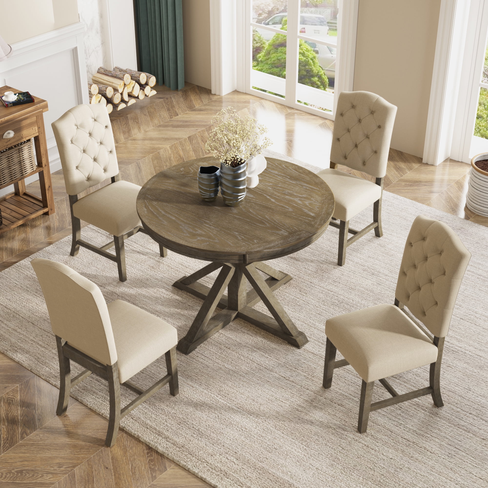 Triple Tree Rustic Dining Table Set for 4, Round Extendable Table, 5 ...