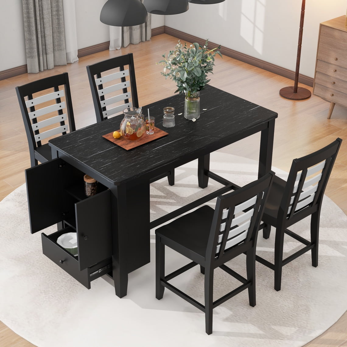 Rustic 5-Piece Dining Set for 4, High Back Chairs, Storage, Faux Marble ...