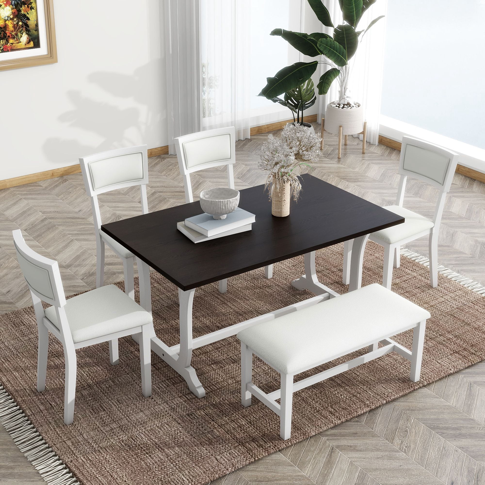 Rustic Dining Table Set for 6 with Upholstered Dining Chairs and Bench ...