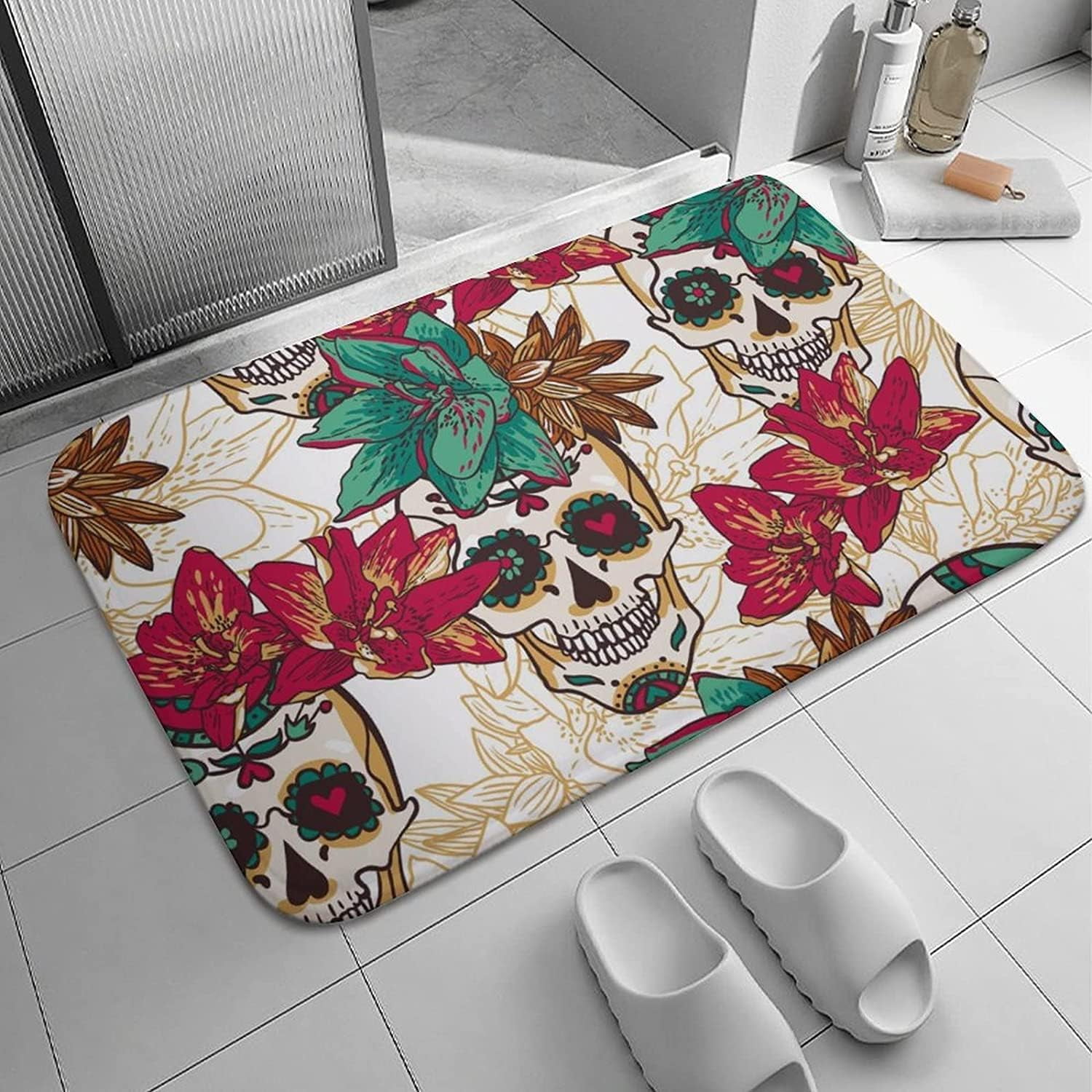 Rustic Doormat Indoor Entrance Sugar Skull Hearts And Flowers Bath Rugs ...