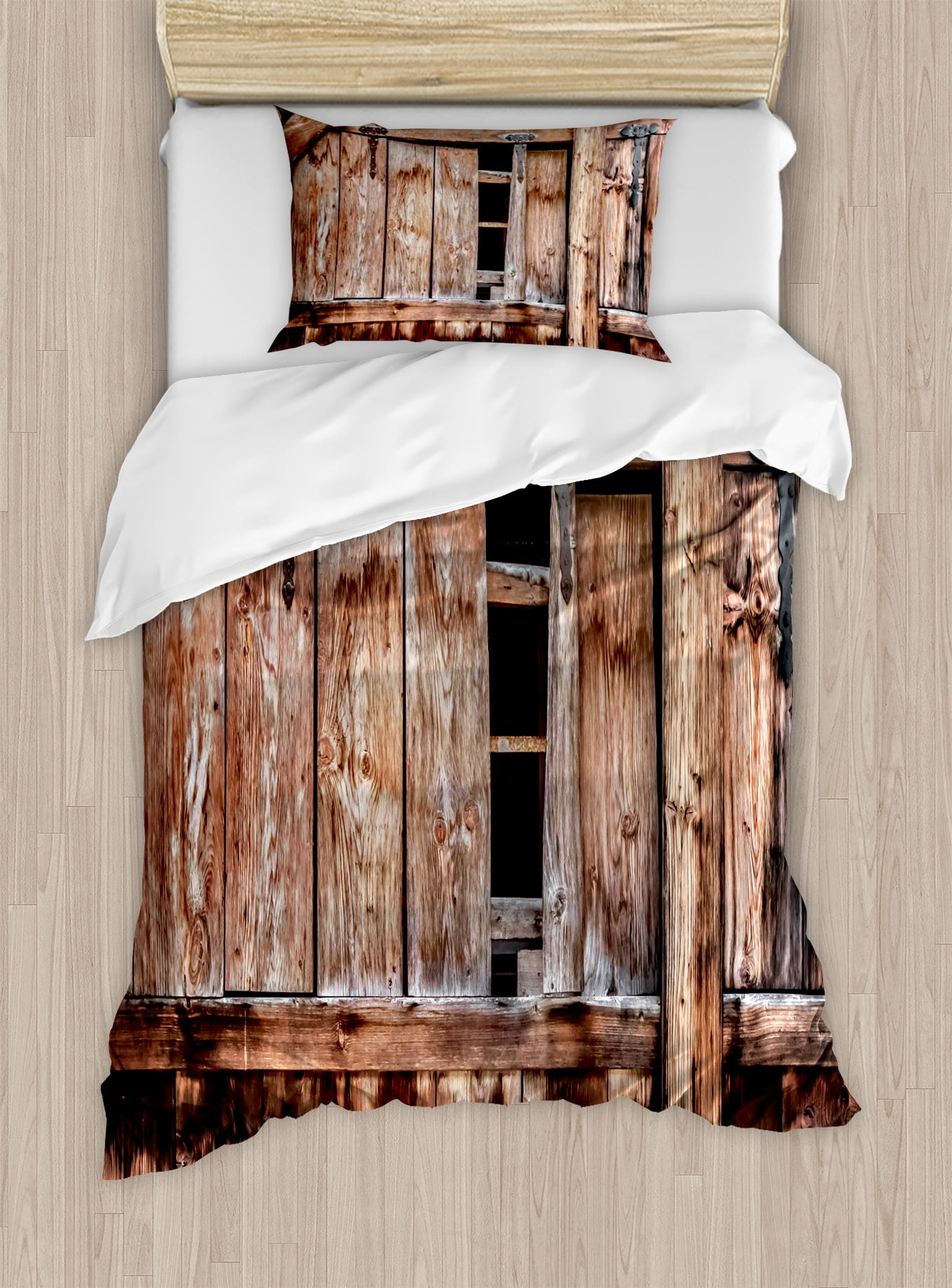 Rustic Duvet Cover Set, Abandoned Damaged Oak Barn Door with Iron ...