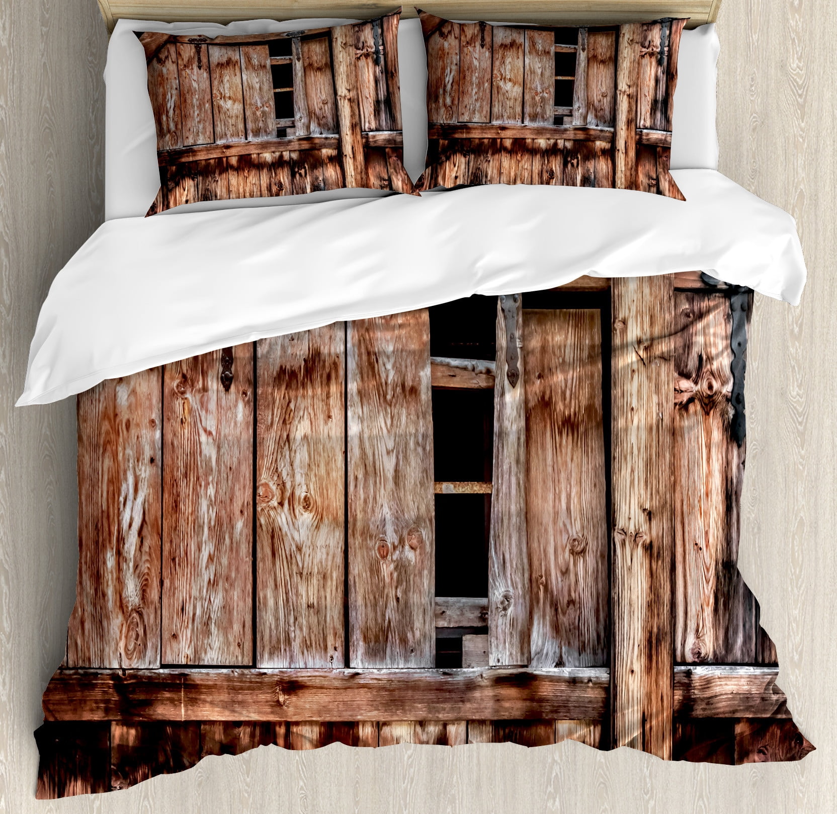 Rustic Duvet Cover Set, Abandoned Damaged Oak Barn Door with Iron ...