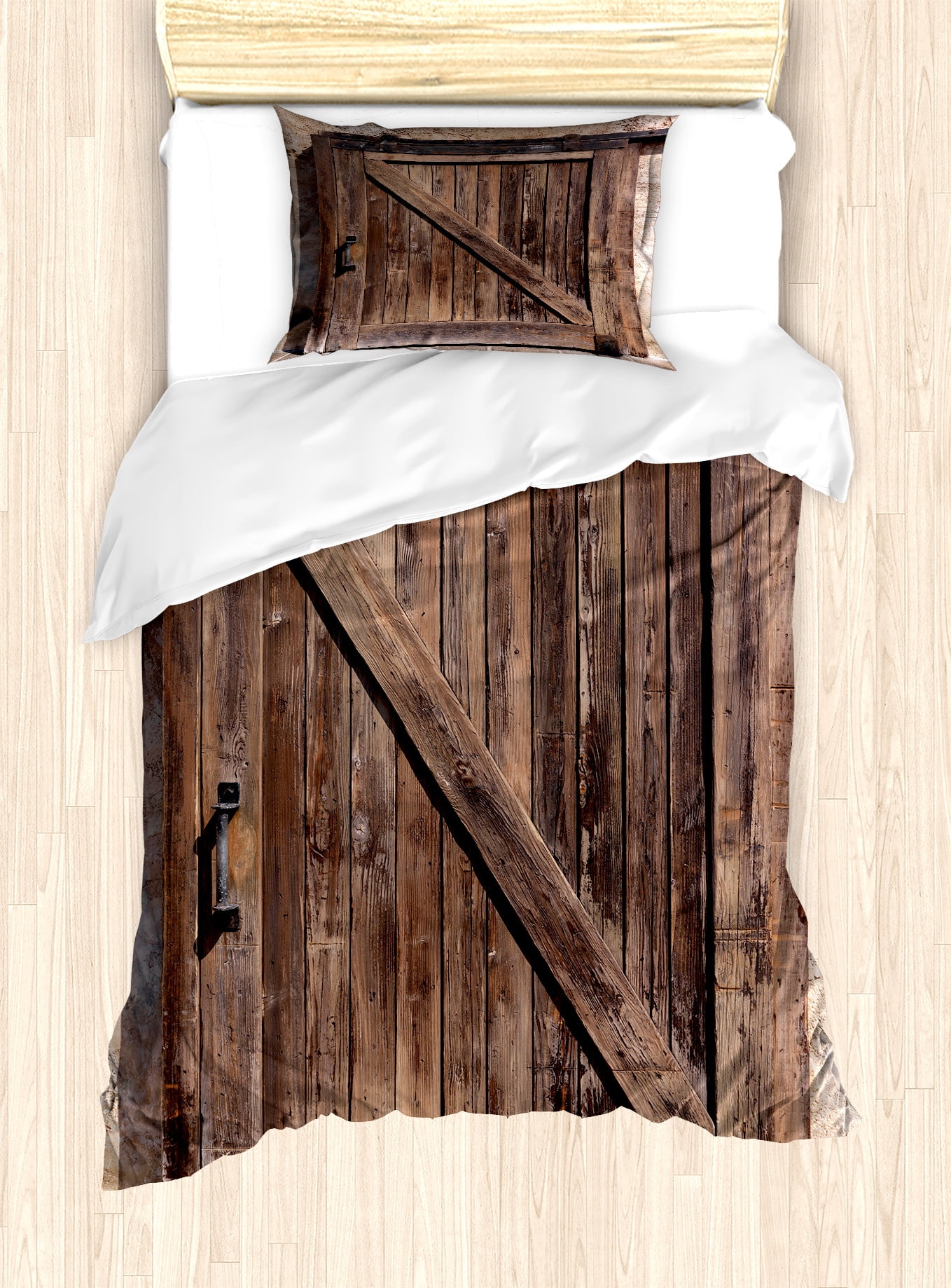 Rustic Duvet Cover Set, Aged Wooden Sliding Barn Door Vintage Texture ...