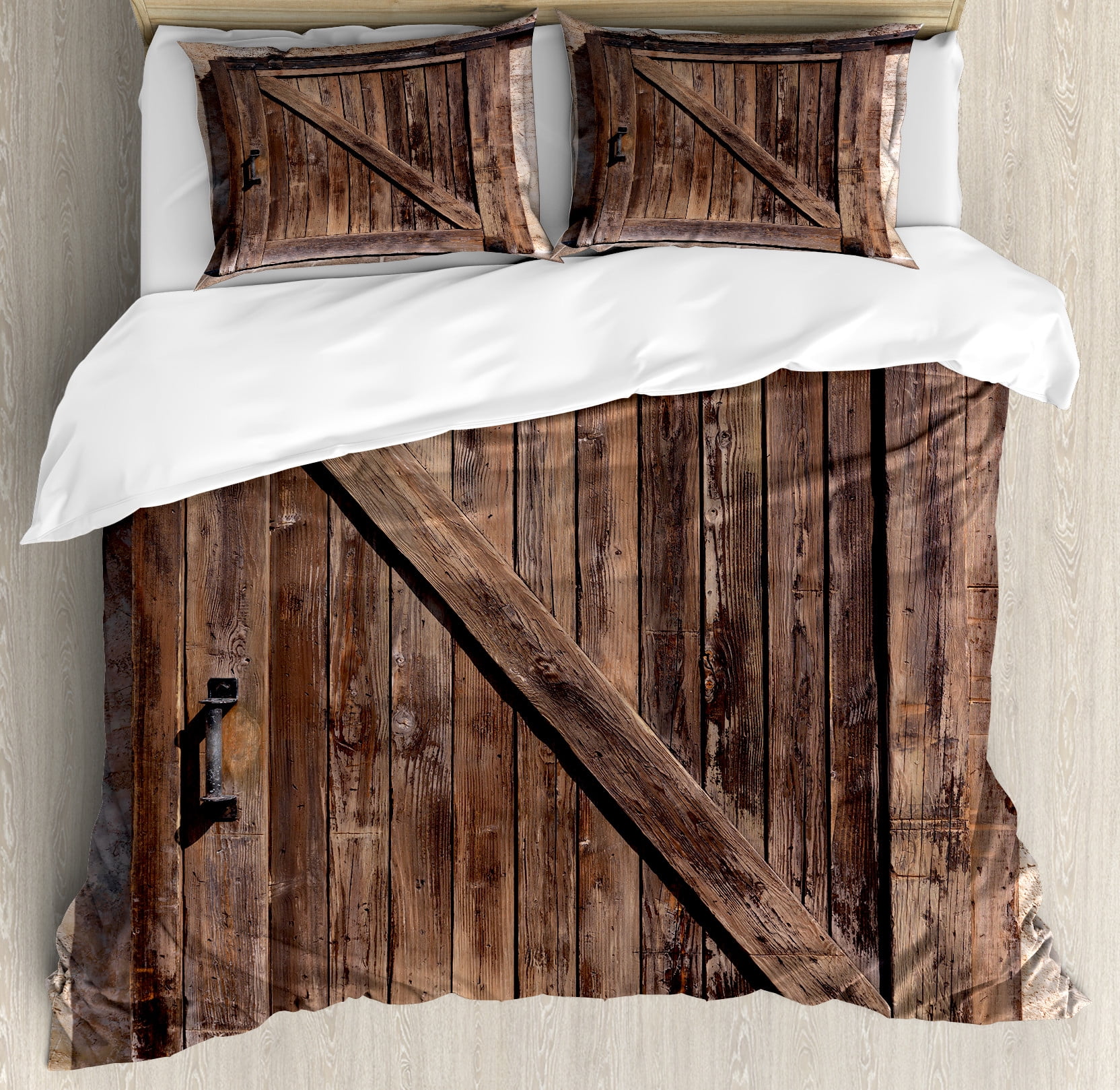 Rustic Duvet Cover Set, Aged Wooden Sliding Barn Door Vintage Texture ...