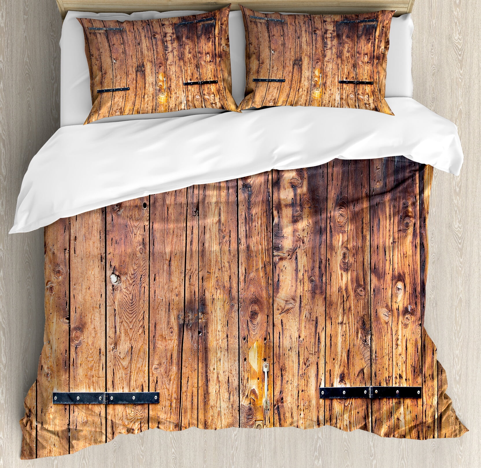Rustic Duvet Cover Set, Antique Timber Planks in Weathered Tones Locks ...