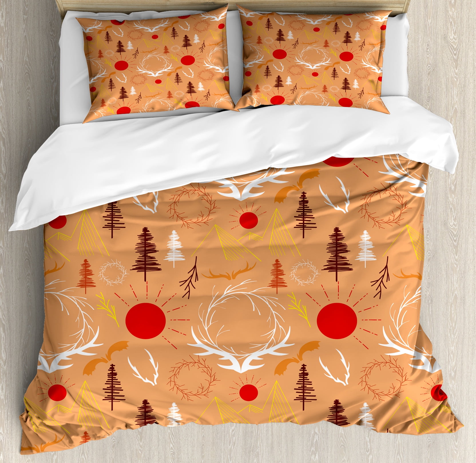 Rustic Duvet Cover Set, Boho Antler Sun and Mountain Elements in ...