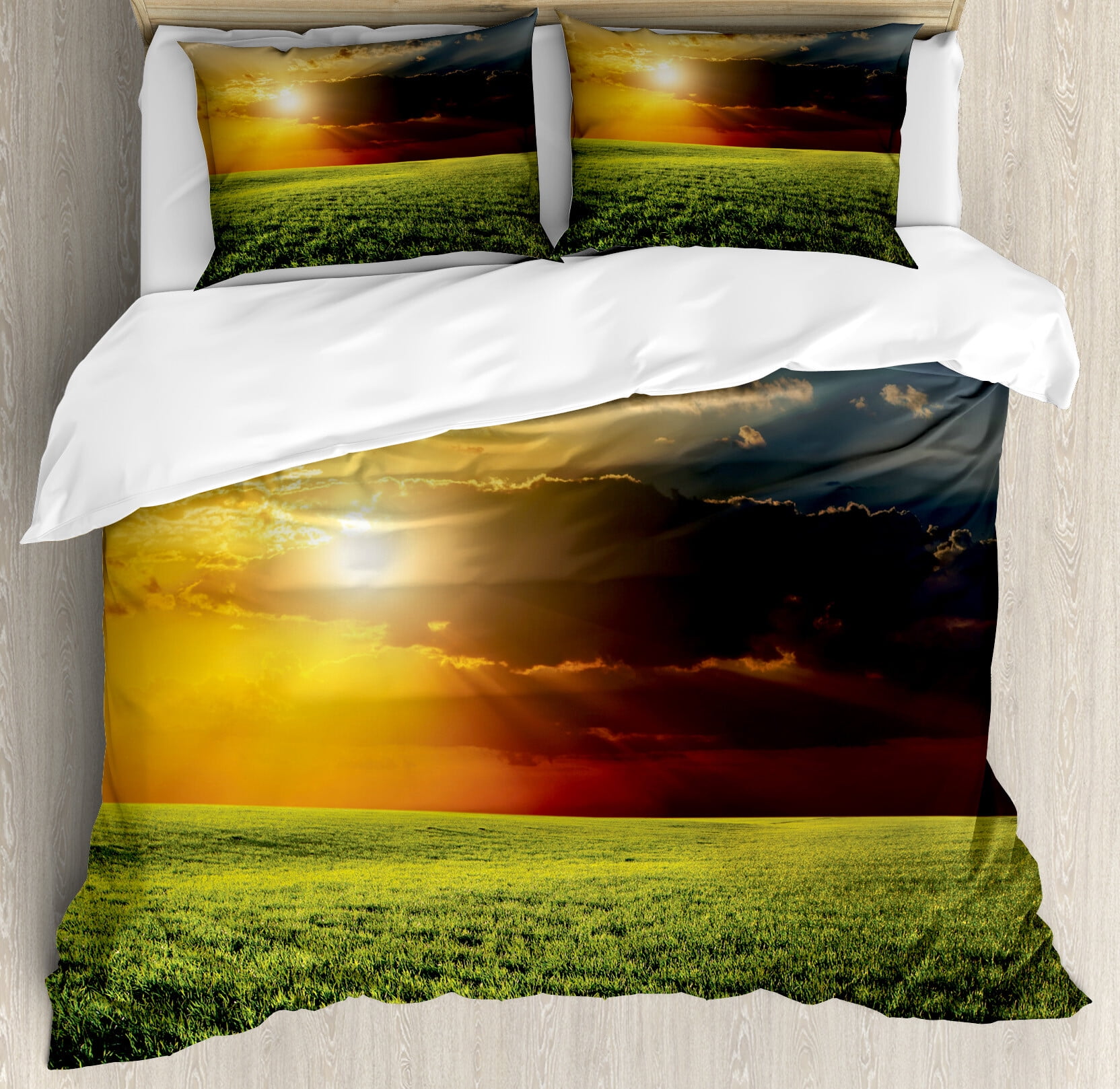 Rustic Duvet Cover Set, Dramatic Sunset Agricultural Field Sunbeams ...