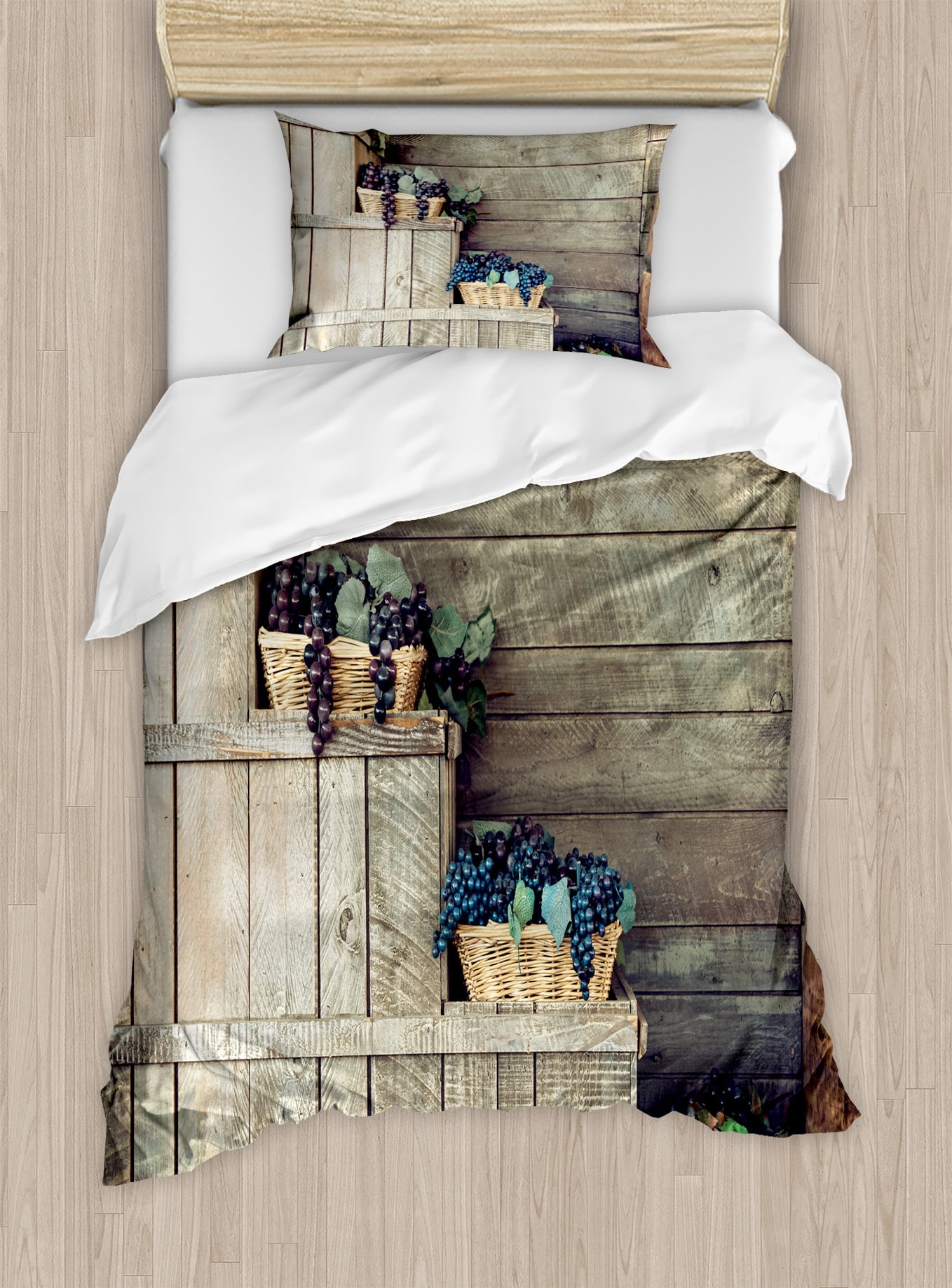 Rustic Duvet Cover Set, Grapes in Wooden Wicker Baskets Photo Harvest ...