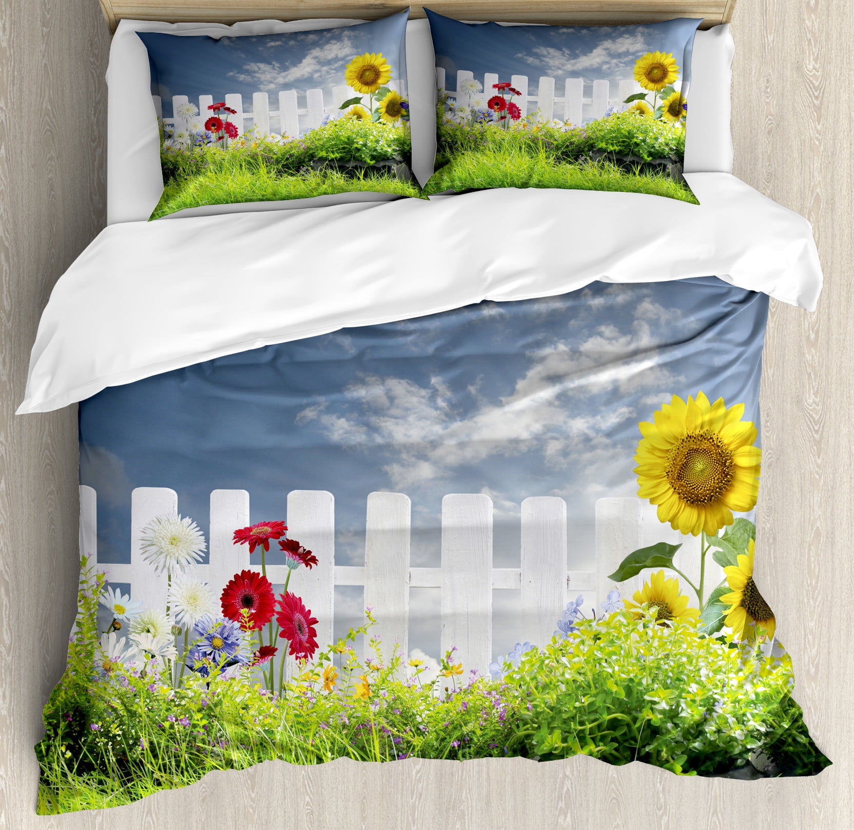Rustic Duvet Cover Set, Grass Foliage Field Sunflowers Daisy Hedge ...