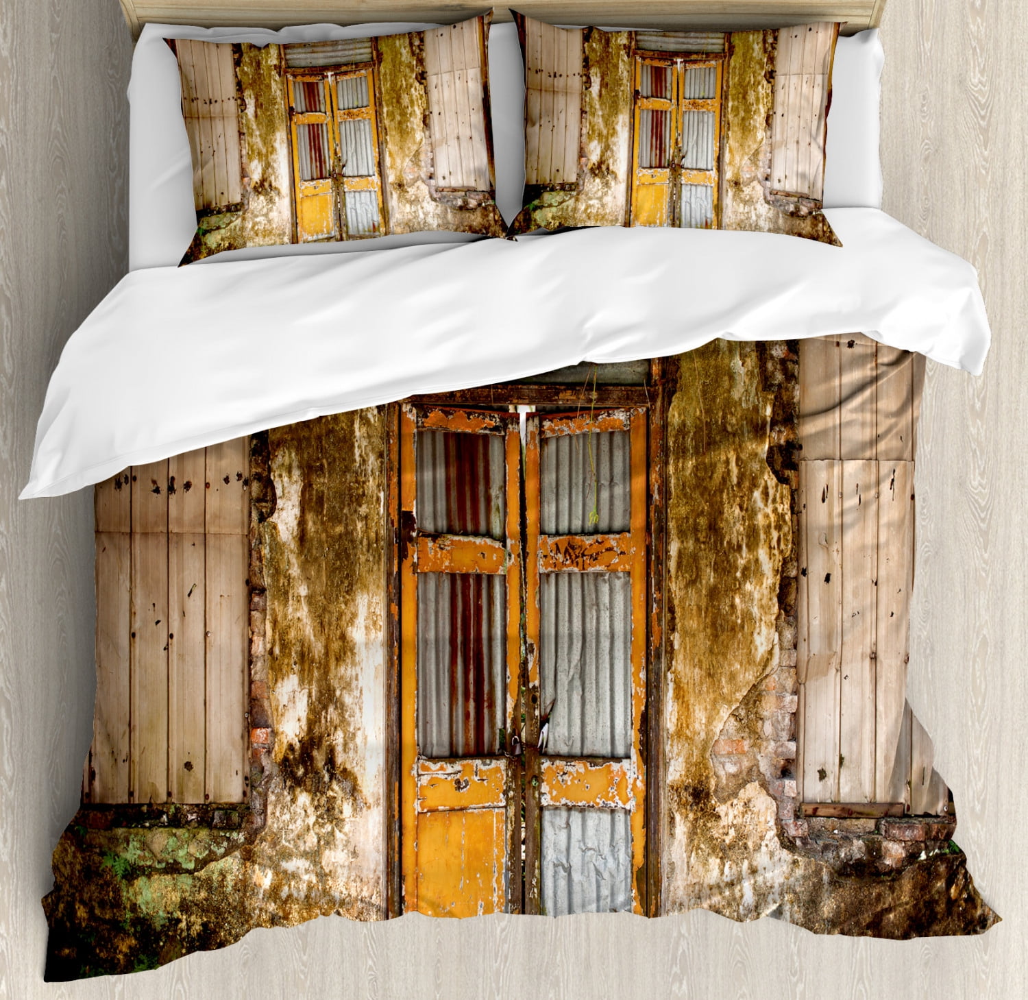 Rustic Duvet Cover Set King Size, Damaged Shabby House with Boarded Up ...