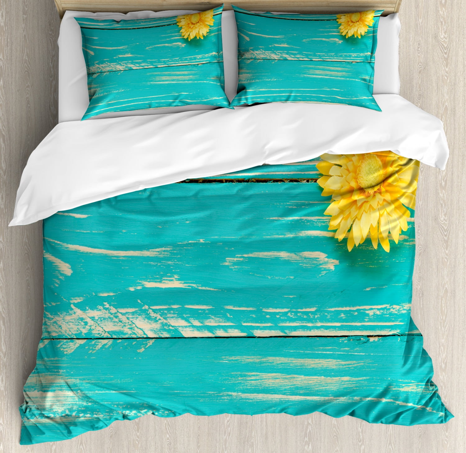 Rustic Duvet Cover Set King Size, Flower on Vintage Wooden Backplane ...