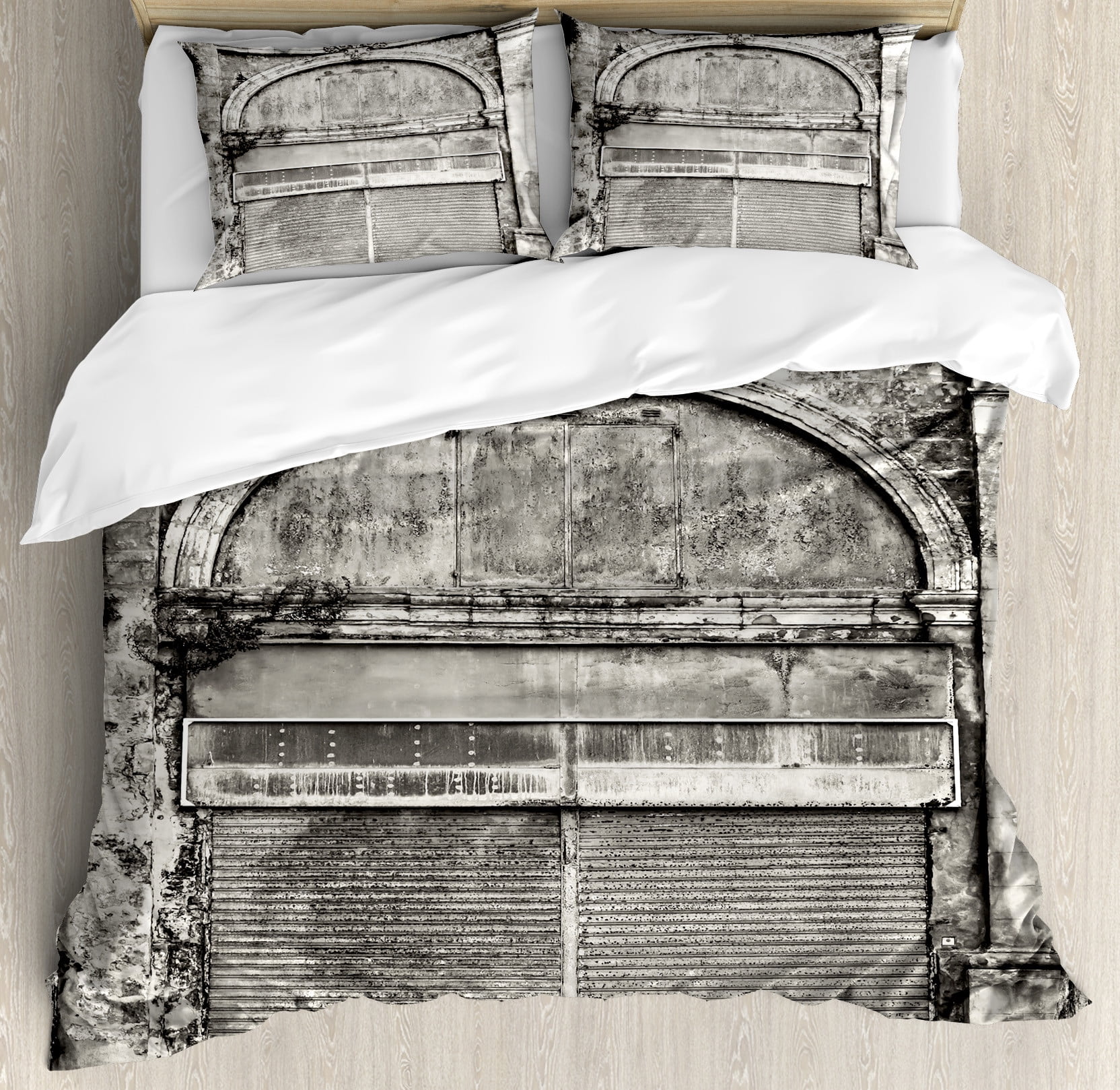Rustic Duvet Cover Set, Monochrome Old Closed Store Front with Jalousie ...