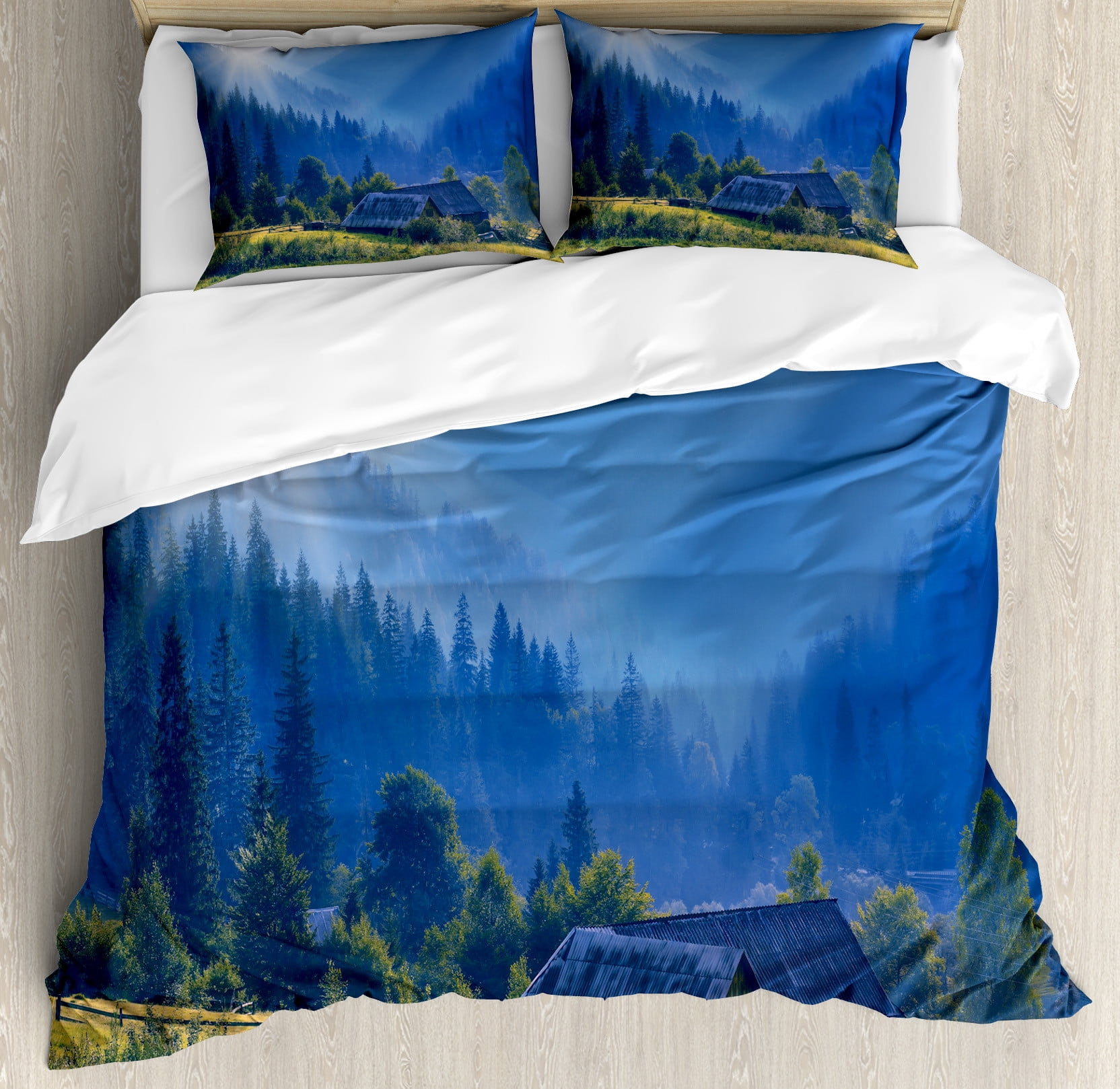 Rustic Duvet Cover Set, Mountain Village Ukraine Rising Sun Pine Trees ...