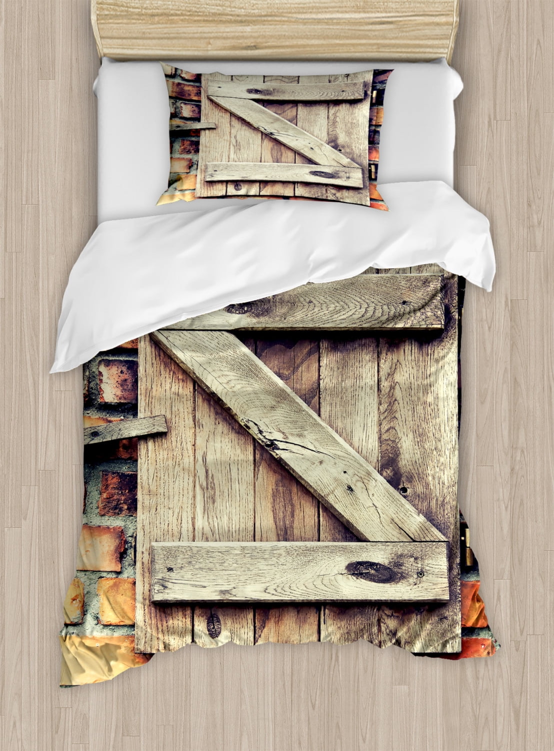 Rustic Duvet Cover Set, Natural Material Wooden Window of a Red Brick ...