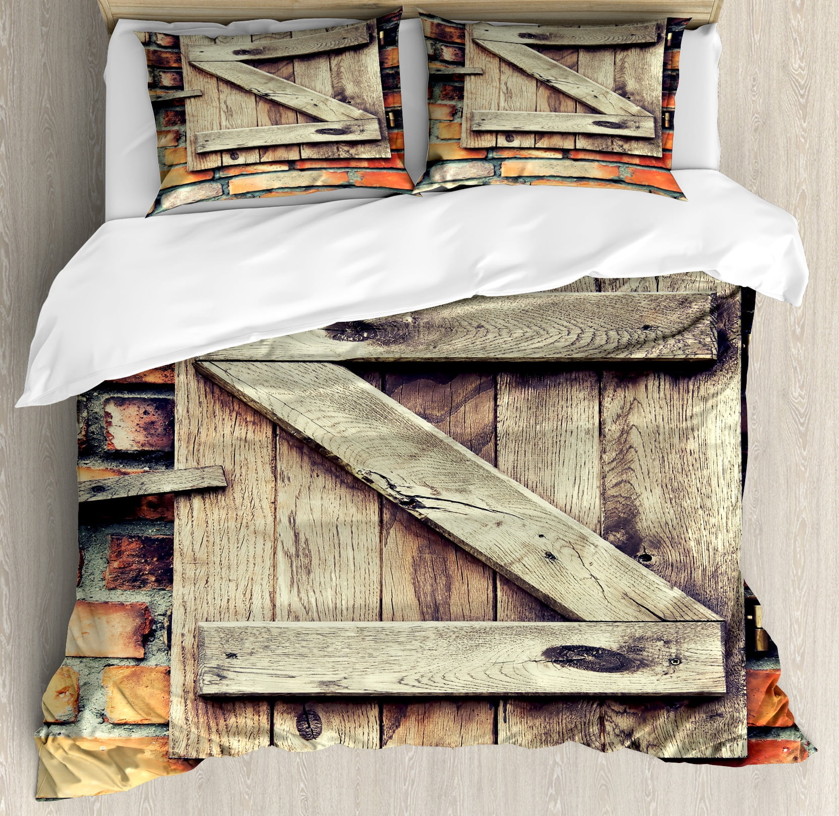 Rustic Duvet Cover Set, Natural Material Wooden Window of a Red Brick ...
