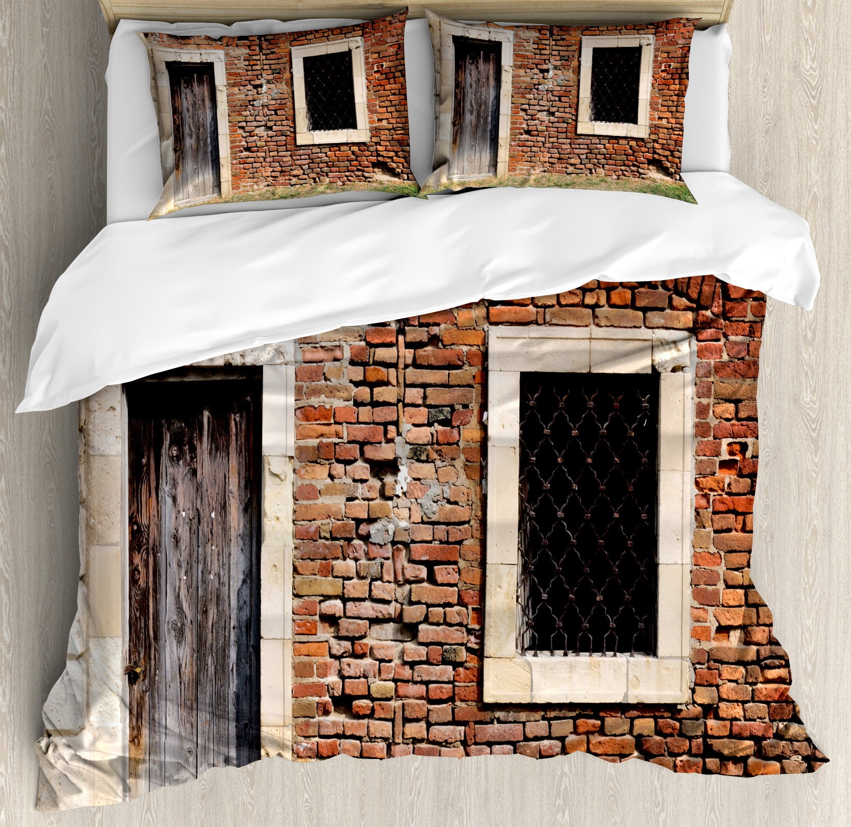 Rustic Duvet Cover Set, Old Door and Window Brick Wall Suburban Area ...