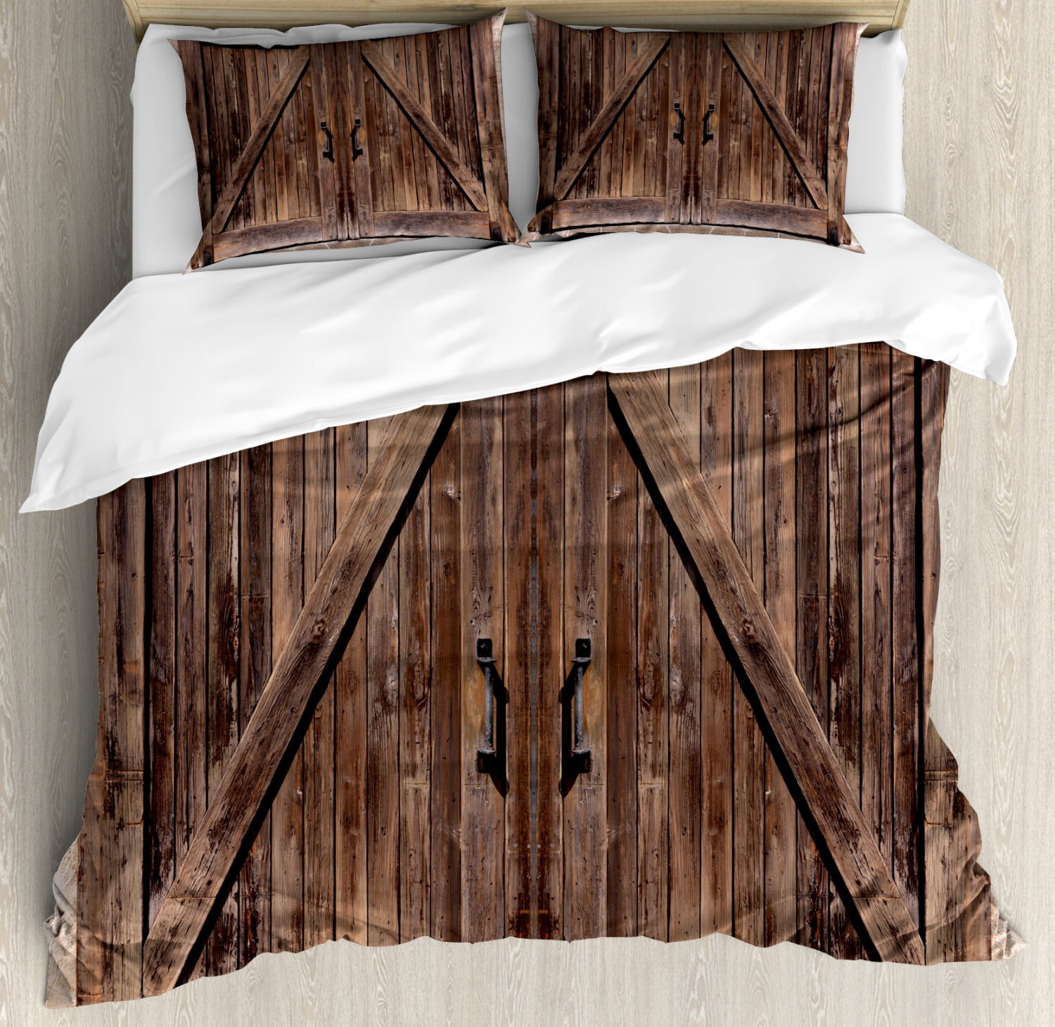 Rustic Duvet Cover Set Queen Size, Wooden Barn Door in Stone Farmhouse ...