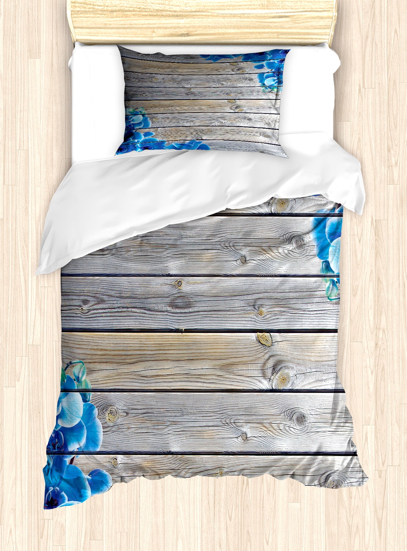 Rustic Duvet Cover Set, Romantic Delphinium Florets on Horizontal Old ...