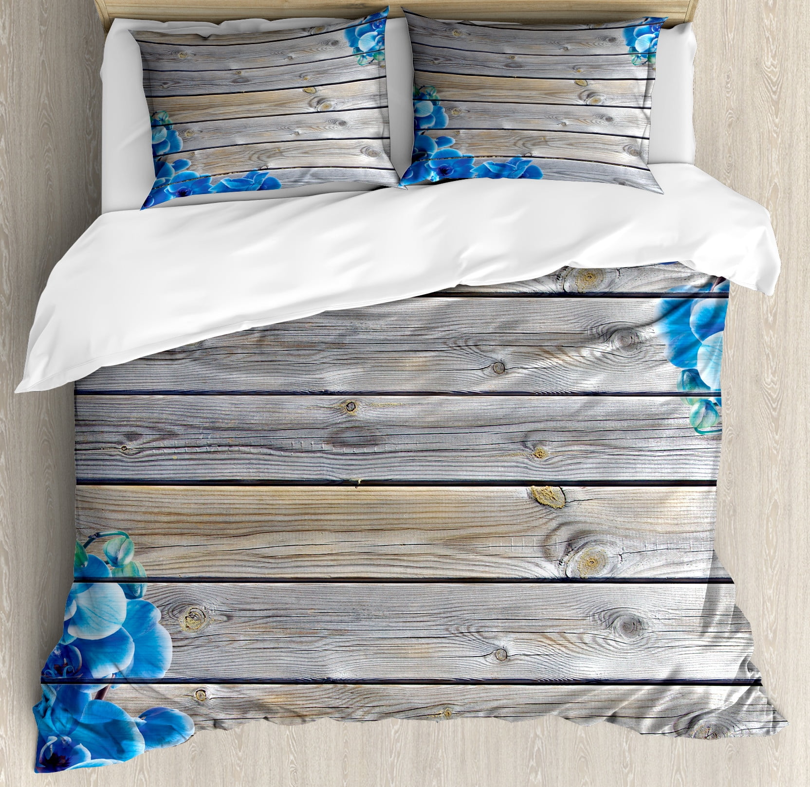 Rustic Duvet Cover Set, Romantic Delphinium Florets on Horizontal Old ...