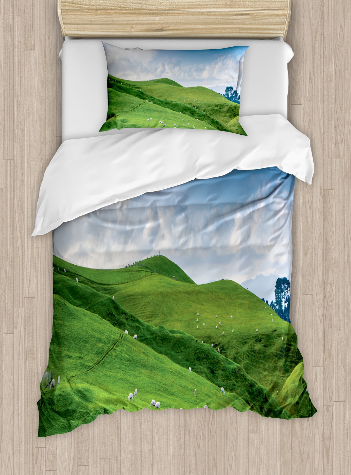 Rustic Duvet Cover Set, Sheep Under Blue Sky Trees Grassland Highland ...