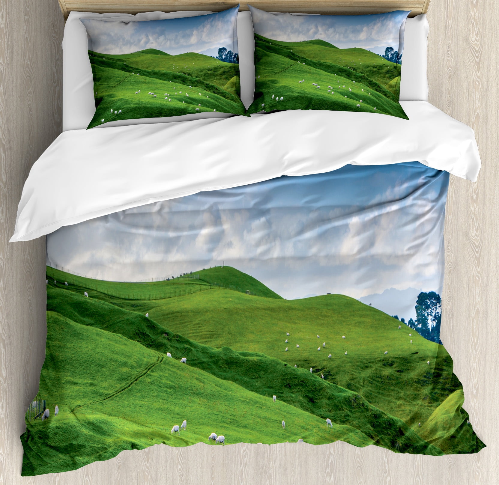 Rustic Duvet Cover Set, Sheep Under Blue Sky Trees Grassland Highland ...