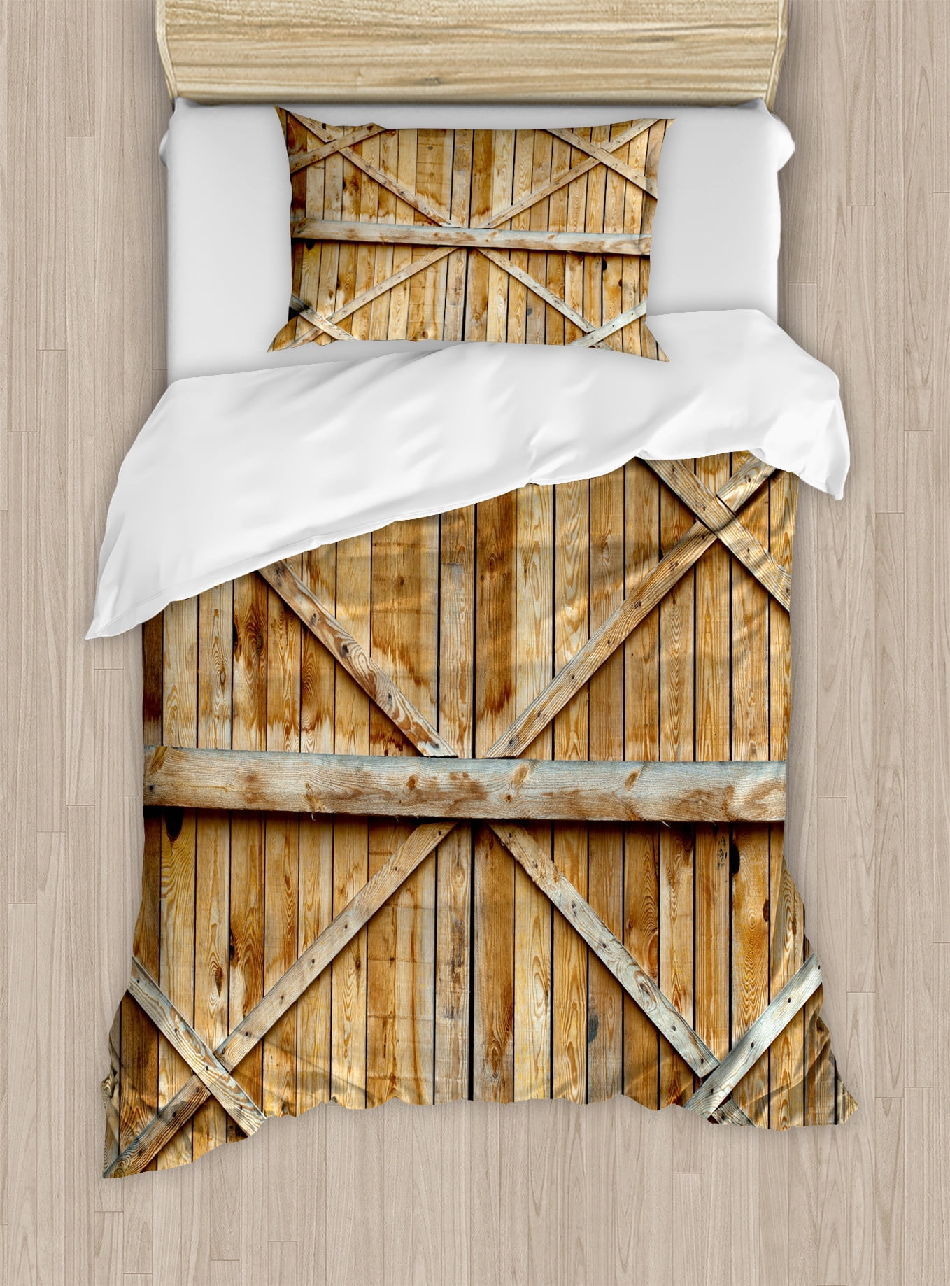 Rustic Duvet Cover Set, Traditional Wooden Timber Door with Vertical ...