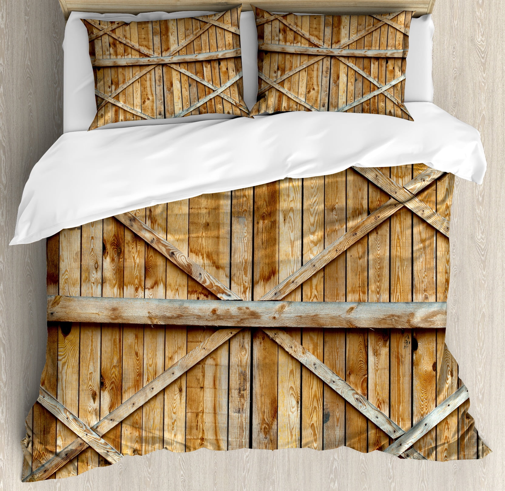 Rustic Duvet Cover Set, Traditional Wooden Timber Door with Vertical ...