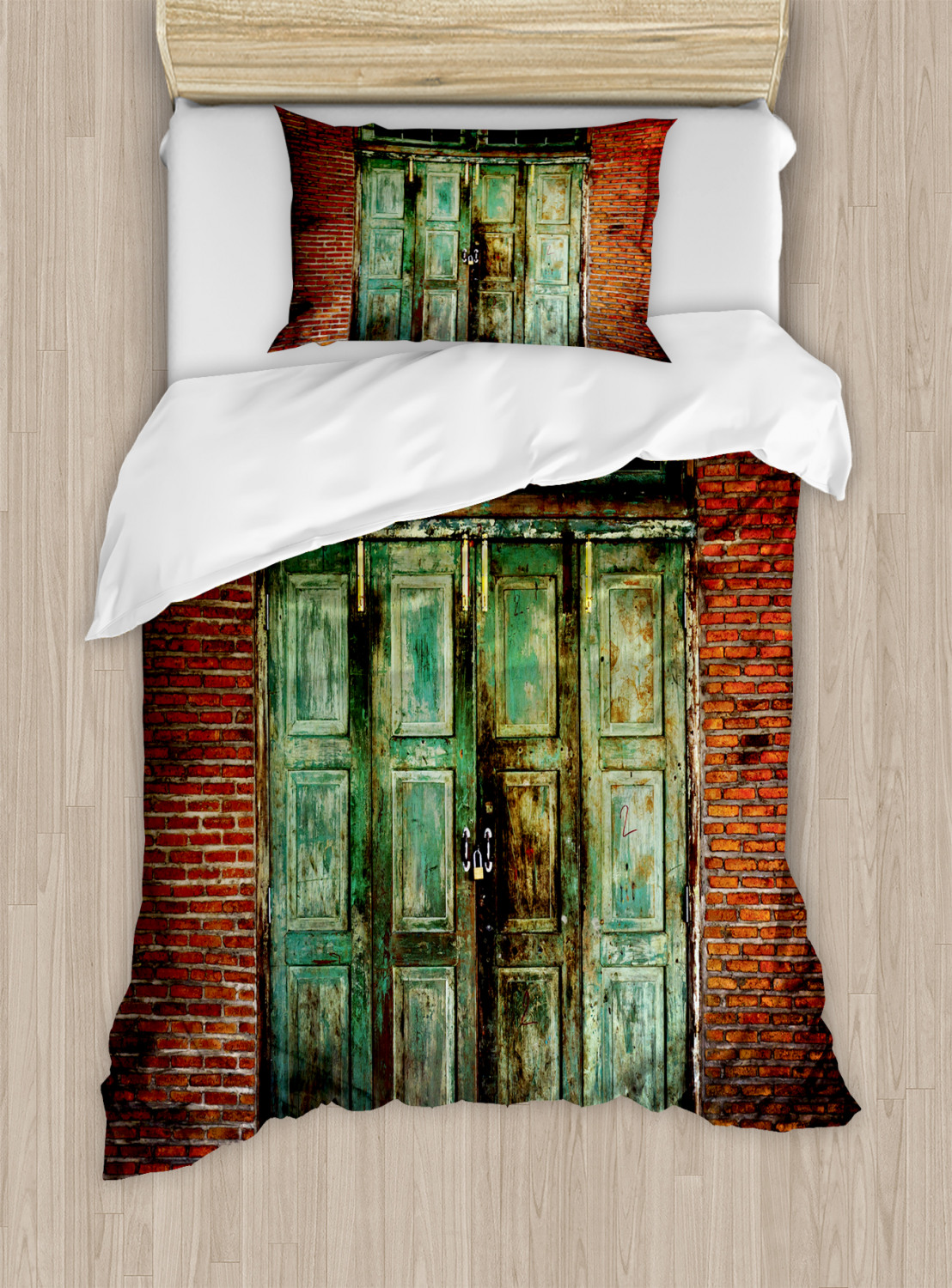 Rustic Duvet Cover Set Twin Size, Rusty Old Door of Red Brick Wall ...