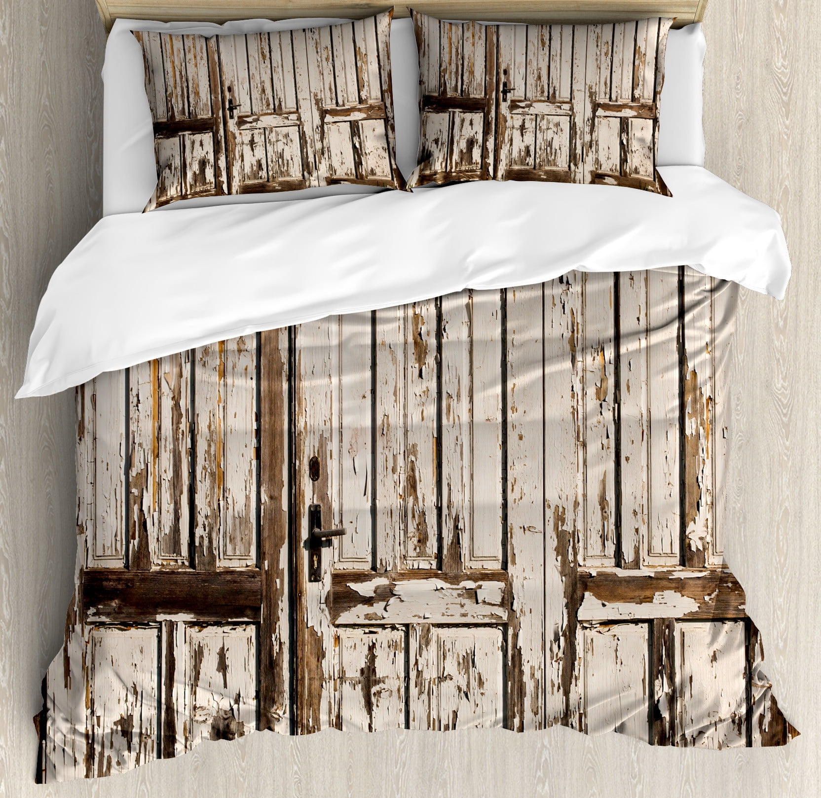 Rustic Duvet Cover Set, Vintage House Entrance Vertical Old Planks ...