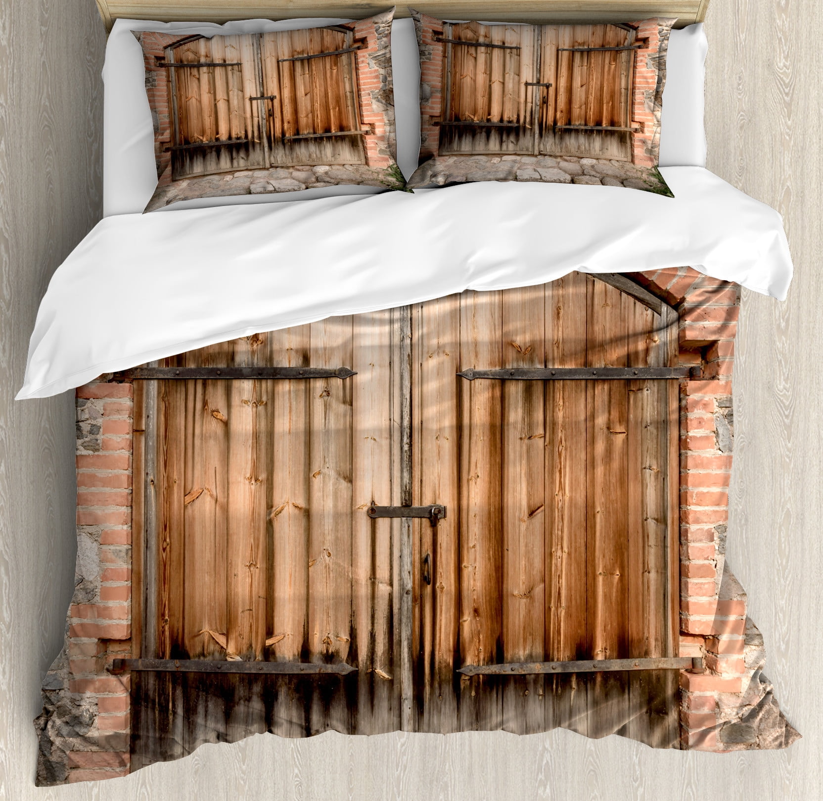 Rustic Duvet Cover Set, Wooden Door of a Stone House with Wrought Iron ...
