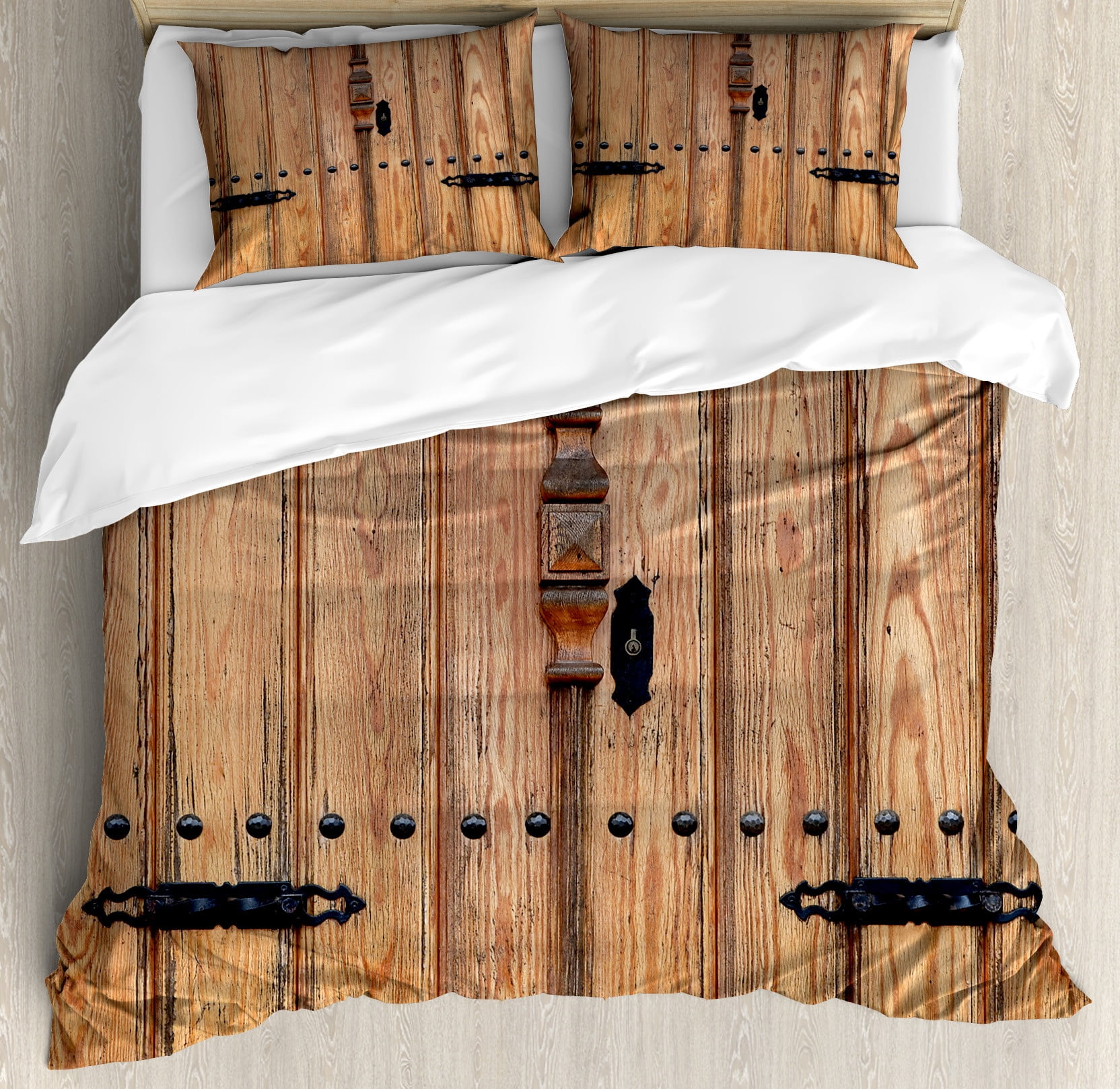Rustic Duvet Cover Set, Wooden Padlock Door Old Times Inspired Rusty ...