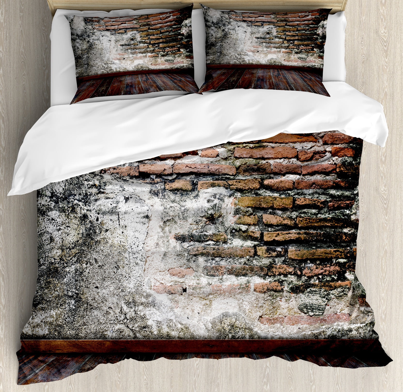 Rustic Duvet Cover Set, Worn Looking Wall Photograph with Wooden Floors ...