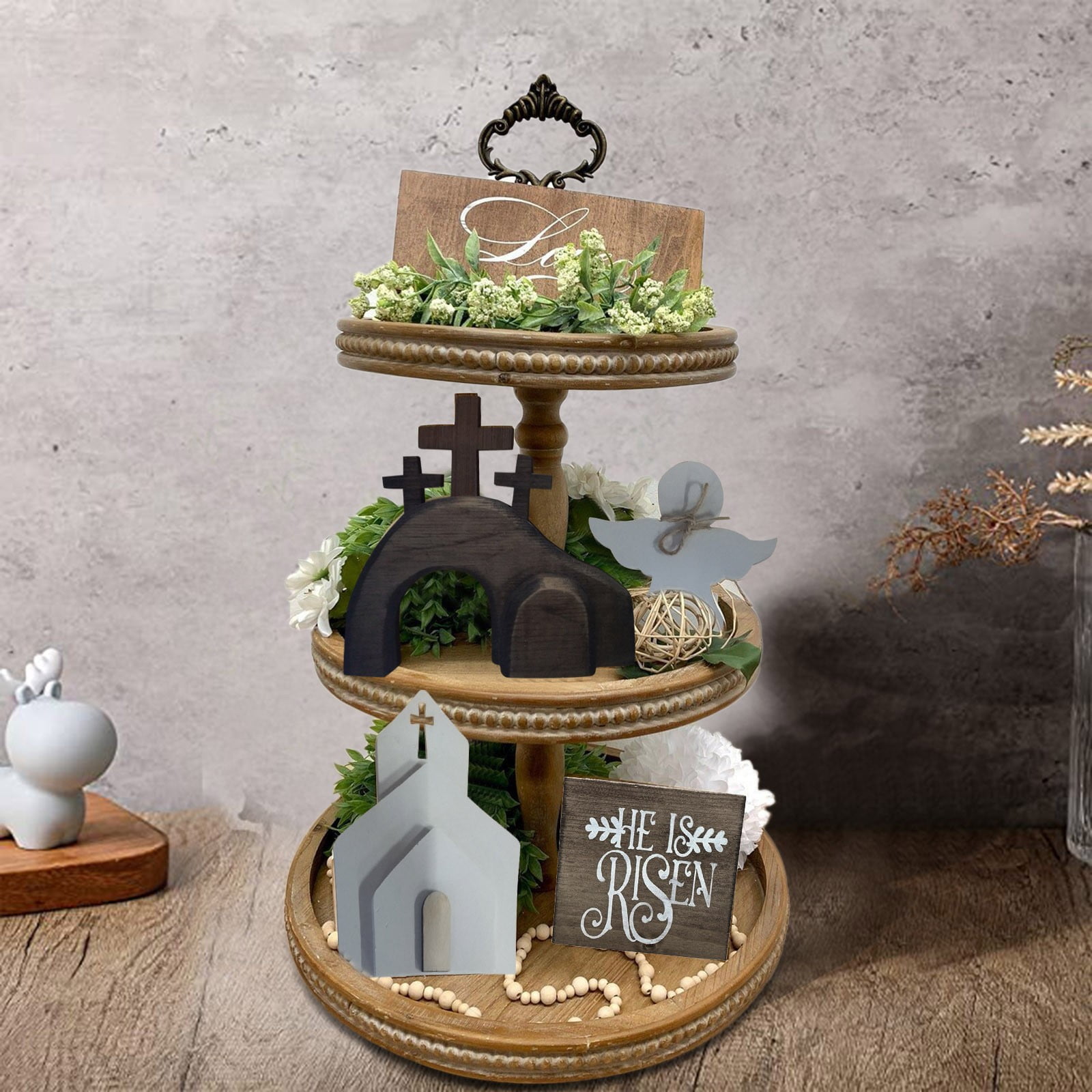 Rustic Easter Decoration Set with Crosses, Angel, Church, and 'He Is ...