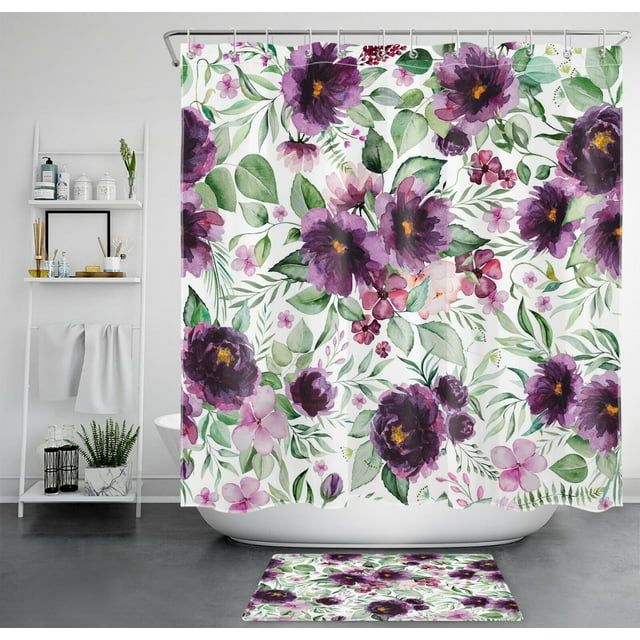 Rustic Elegance Green Leaf And Purple Floral Shower Curtain For