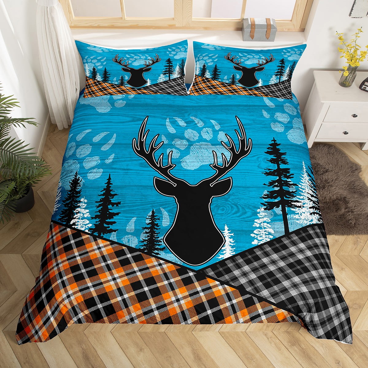 Rustic Elk Deer Bedding Set Checkered Buffalo Plaid Comforter Cover for ...