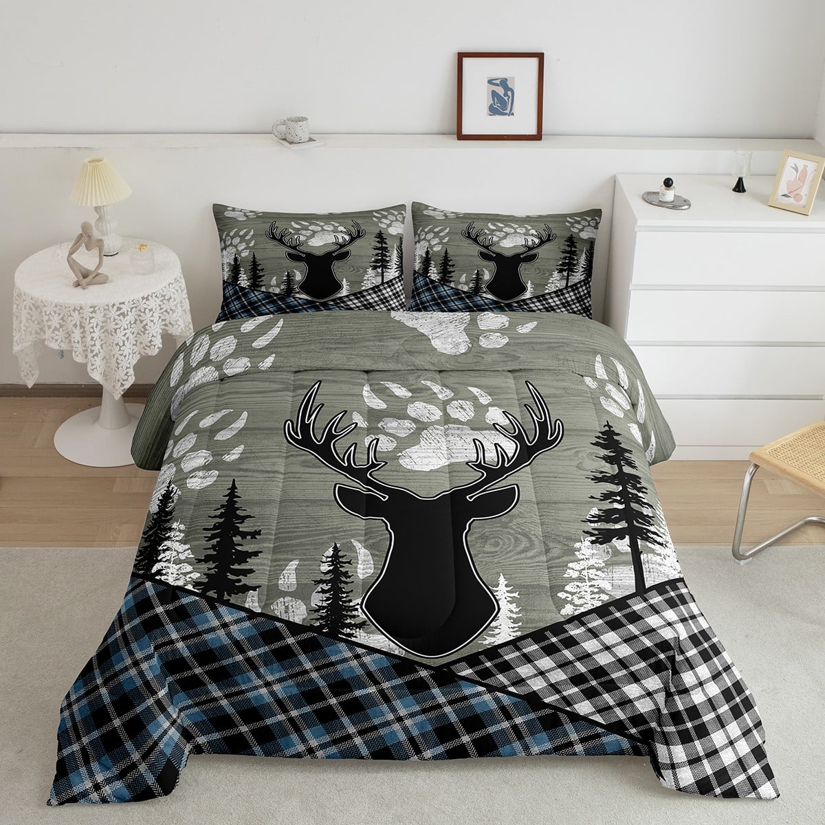 Rustic Elk Deer Bedding Set Checkered Buffalo Plaid Quilt Teens Adult ...