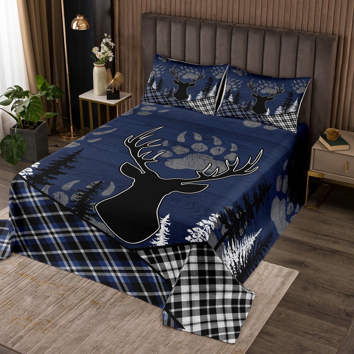 Rustic Elk Deer Bedspread Set Checkered Buffalo Plaid Coverlet Set for ...